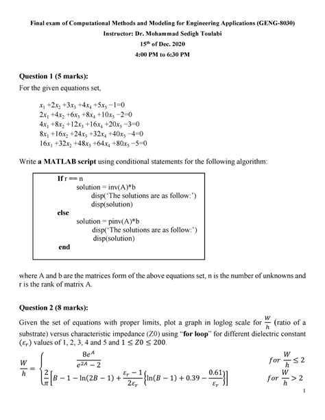 Final Exam Section 1 15122020 1 Final Exam Of Computational Methods And Modeling For