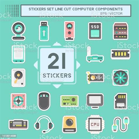 스티커 라인 컷 컴퓨터 구성 요소 설정 교육 기호에 적합합니다 편집 가능한 간단한 디자인 디자인 템플릿 벡터 간단한 그림 0명에