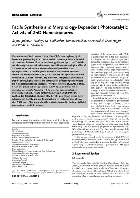 Pdf Facile Synthesis And Morphology‐dependent Photocatalytic Activity Of Zno Nanostructures