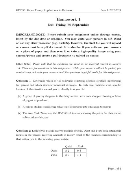 Hw1 Homework Assignment 1 Ge2256 Game Theory Applications To