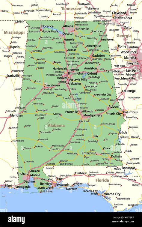 Map Of Alabama Shows Country Borders Urban Areas Place Names Roads