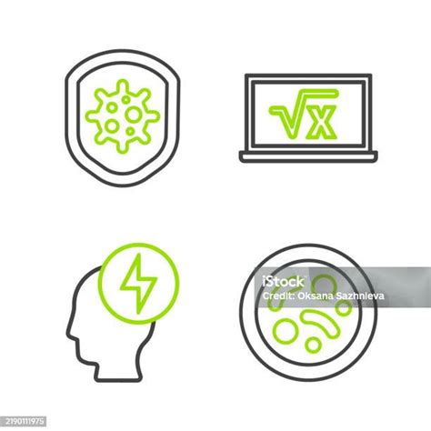 세트 라인 박테리아 머리 및 전기 기호 X 글리프의 제곱근 및 바이러스로부터 보호하는 방패 아이콘 벡터 개념에 대한 스톡 벡터 아트 및 기타 이미지 Istock
