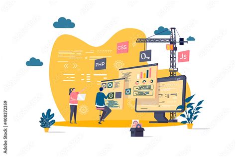 Web Development Concept In Flat Style Developers Team Construct Web