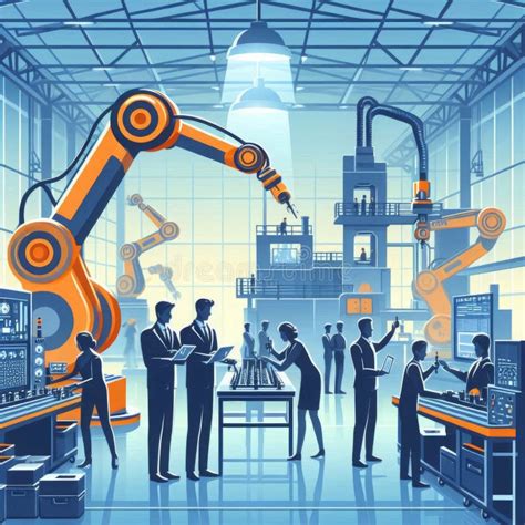 Modern Industrial Advanced Robotic Assembly Line In A Futuristic Factory Working Alongside Human