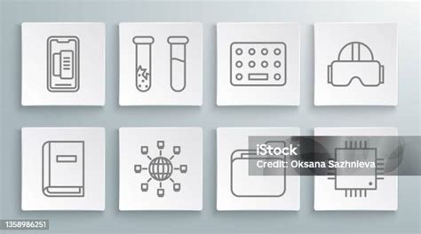 세트 라인 사용자 설명서 테스트 튜브 와 플라스크 소셜 네트워크 문서 폴더 마이크로 회로 Cpu프로세서 물집 팩에 알약 가상 현실 안경과 스마트 폰 휴대 전화 아이콘 벡터