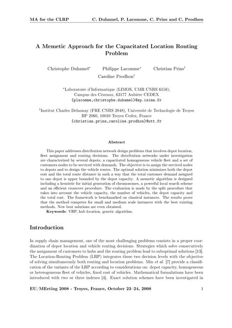 Pdf A Memetic Approach For The Capacitated Location Routing Problem