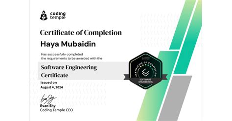 Software Engineering Certificate Of Completion • Haya Mubaidin • Coding Temple Haya Mubaidin