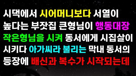반전 사이다사연 시댁에서 시어머니보다 서열이 높다는 부잣집 큰형님이 행동대장 작은형님을 시켜 동서에게 시집살이 시키다 아가씨라 불리는 막내동서의 등장에 배신과 복수가