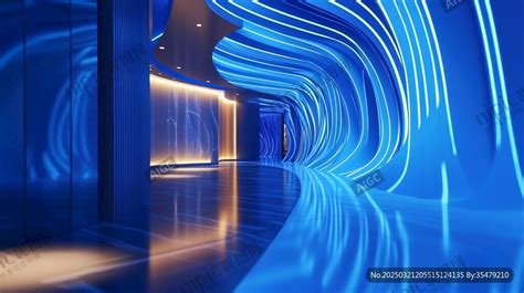 Ai创作图走廊 蓝色 光影 未来 建筑 设计 科技 艺术 虚拟现实 互动 体验 创新 流动性 曲线 动态 照明 反射 宁静 沉浸式 昵图网