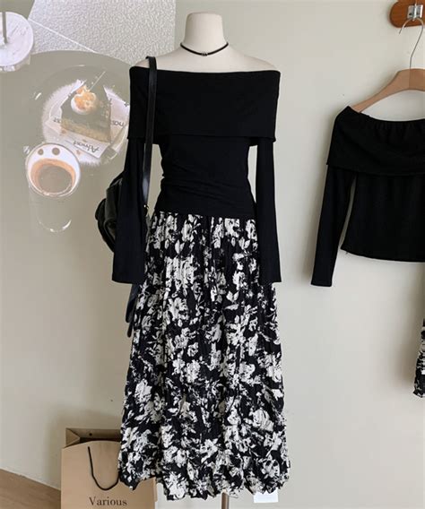 포앤바이앤 오프숄더 니트탑 스커트 투피스 골지 블랙 슬림 니트티 And 플라워 캉캉 티어드 주름 밴딩 플레어 롱스커트 고무줄 치마 세트 봄 간절기 우아한 여성스러운