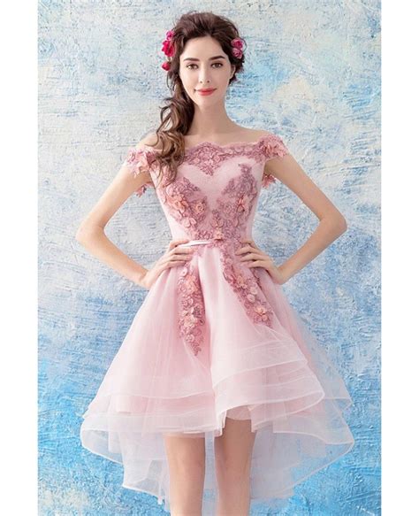 Cute Pink Tulle Lace High Low Prom Dress Short Off Shoulder Wholesale