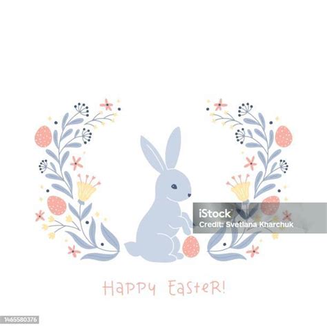 환상적인 꽃과 함께 민속 스타일의 점선 부활절 달걀이 있는 흰 토끼 토끼가 있는 부활절 빈티지 엽서 손으로 그린 낙서 스타일의