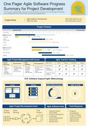 One Page Agile Software Status Report For Project Development PDF Document PPT Template