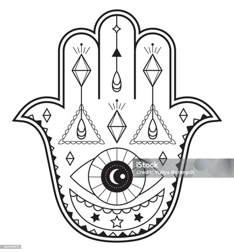 피라미드 사악한 눈과 같은 신비하고 비열한 상징을 가진 함사 손 벡터 인도 색상 페이지 문신 헤나 일러스트 위카 점성술 신비미술 0명에 대한 스톡 벡터 아트 및 기타 이미지