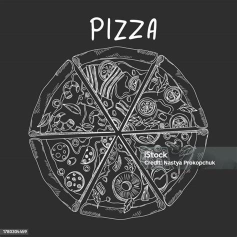 피자 조각 전체 피자 다양한 토핑을 얹은 피자 벡터 일러스트 레이 션입니다 검은색 배경 고기에 대한 스톡 벡터 아트 및 기타