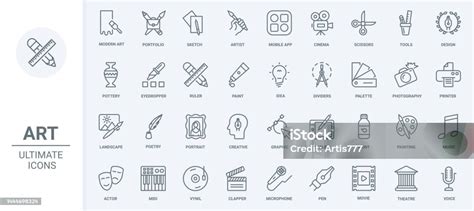 아트 디자인 얇은 검은 선 아이콘 세트 현대 예술가 포트폴리오의 개요 기호 교육에 대한 스톡 벡터 아트 및 기타 이미지 교육 날씬한 눈금자 Istock