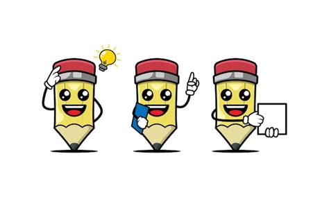 귀여운 연필 마스코트 디자인 일러스트 벡터 템플릿 세트 프리미엄 벡터