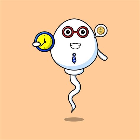 개념 평면 만화 스타일의 행복한 표정으로 시계를 들고 있는 귀여운 만화 정자 캐릭터 프리미엄 벡터