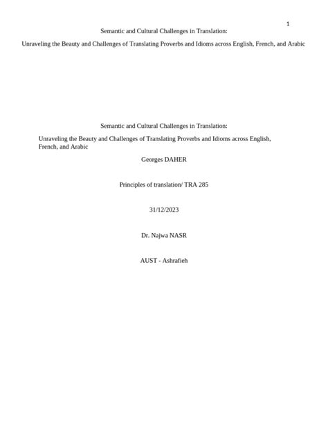 Semantic And Cultural Challenges In Translation Project Pdf Idiom Translations