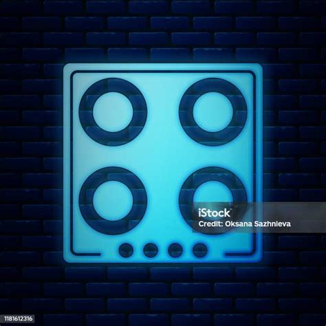 빛나는 네온 가스 난로 아이콘 벽돌 벽 배경에 격리 쿡탑 기호입니다 4 개의 원 버너가있는 호브 벡터 일러스트레이션 가열장치에 대한 스톡 벡터 아트 및 기타 이미지 Istock