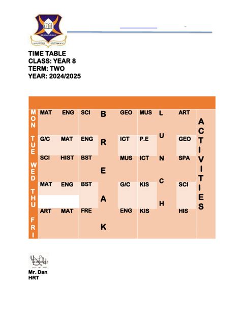 class time table pdf