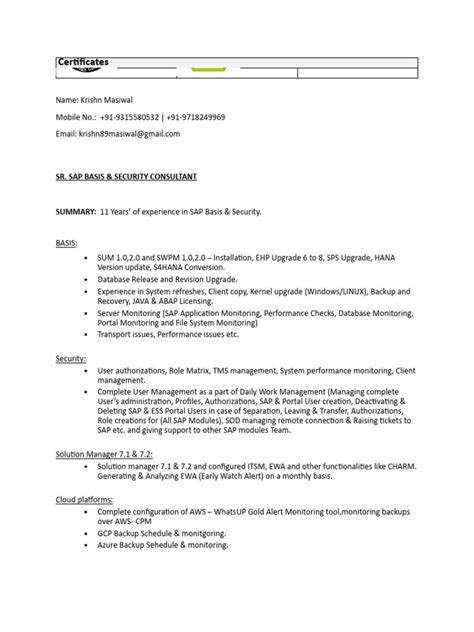 Sr Sap Basis And Security Consultant Pdf Operating System Oracle Database