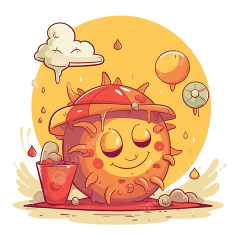 صيف حار المتجه كرتون شمس مع الغيوم و الماء على الجانب ملصق قصاصة