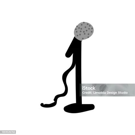 손으로 그린 스틱 피규어 홀딩 마이크 대중 연설 자의 개념 스탠드 업 코미디 픽토그램에 대한 간단한 아이콘 모티프 무대 연설 스피커 부조 일러스트레이션 마이크 스탠드에 대한