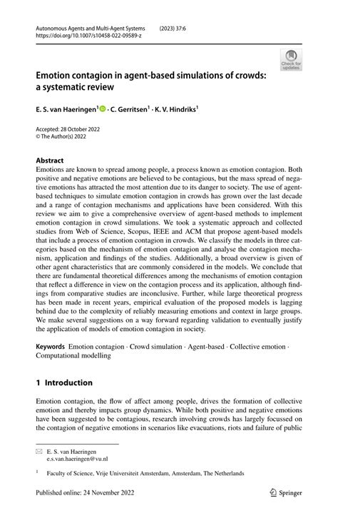 Pdf Emotion Contagion In Agent Based Simulations Of Crowds A
