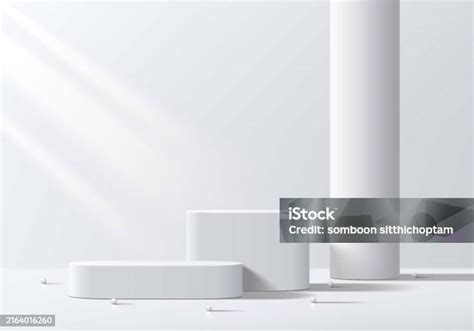 기둥과 구슬 공 장면이 있는 현실적인 흰색 3d 원형 연단 배경 미니멀리스트 3d 모형 받침대 추상 제품 디스플레이 프레젠테이션
