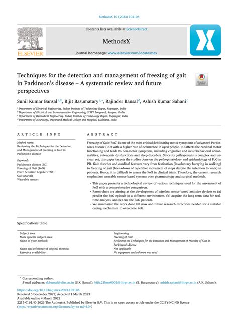 Pdf Techniques For The Detection And Management Of Freezing Of Gait In Parkinsons Disease A