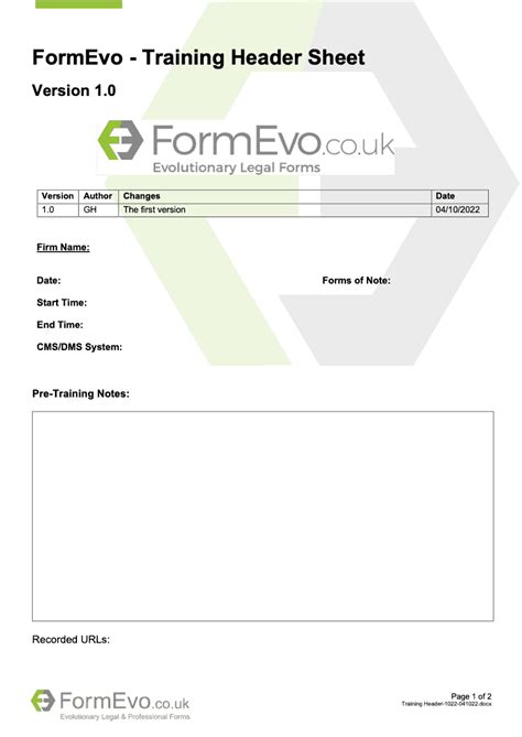 Training Header Sheet Training Header Sheet