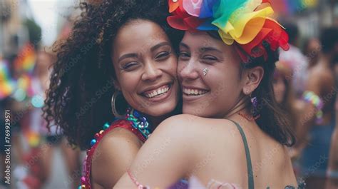Cute Lesbian Girls Couple Hugging And Celebrating On Pride Parade