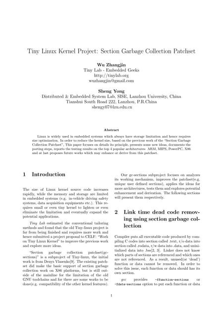 Tiny Linux Kernel Project Section Garbage Collection Patchset Pdf