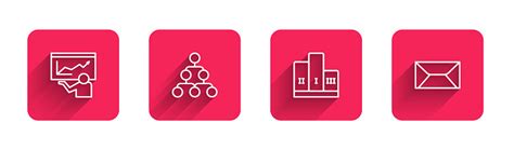 세트 라인 교육 프레젠테이션 계층 구조 조직도 차트 우승자 연단에 대한 상 및 긴 그림자가 있는 봉투 빨간색 사각형 버튼입니다 벡터 개체 그룹에 대한 스톡 벡터 아트 및