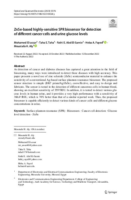 Pdf Znse Based Highly Sensitive Spr Biosensor For Detection Of Different Cancer Cells And