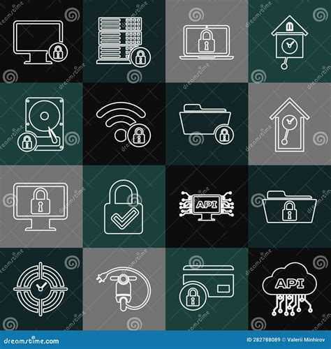 Set Line Cloud Api Interface Folder And Lock Retro Wall Watch Laptop