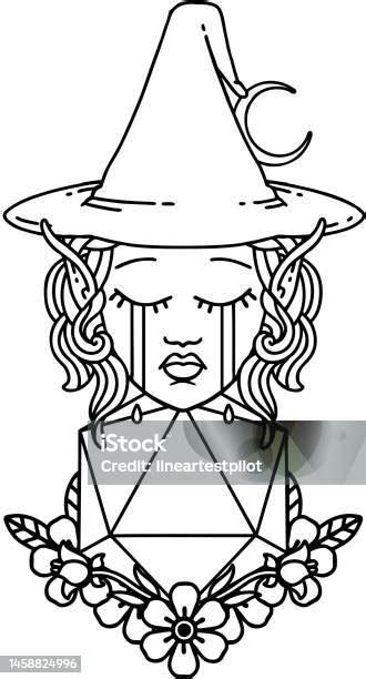 흑백 문신 라인 워크 스타일 우는 엘프 마녀 자연 하나 D20 롤 검은색에 대한 스톡 벡터 아트 및 기타 이미지 검은색