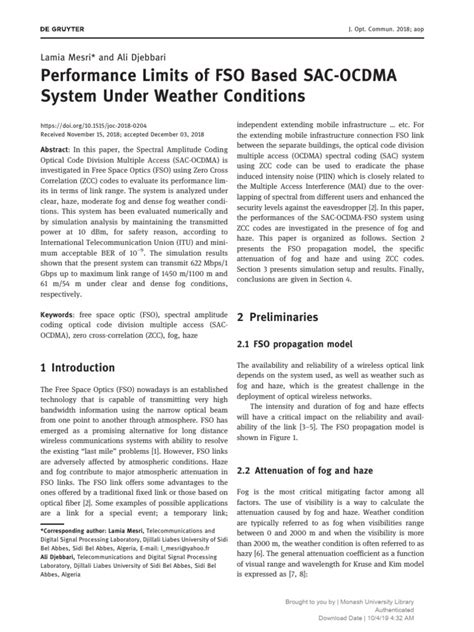 Journal Of Optical Communications Performance Limits Of Fso Based Sac