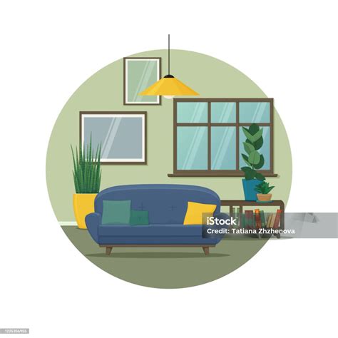 거실 인테리어 디자인입니다 다양한 쿠션이있는 편안한 파란색 소파 책과 집 식물 펜던트 램프 벽에 있는 액자 및 배경의 창이있는 콘솔 테이블 벡터 만화 일러스트레이션 0명에