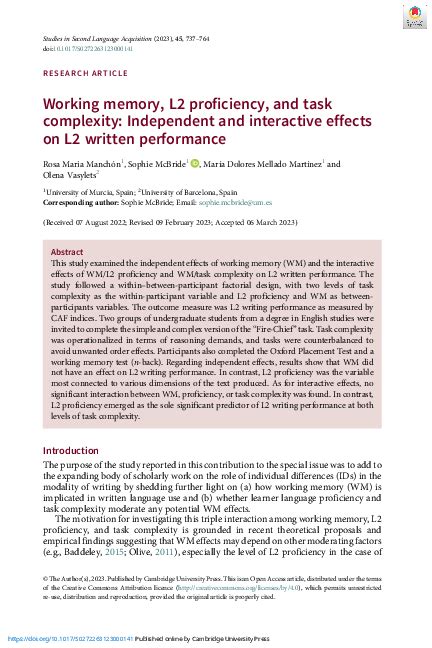 Pdf Working Memory L2 Proficiency And Task Complexity Independent And Interactive Effects