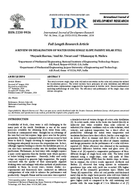 Pdf A Review On Desalination Of Water Using Single Slope Passive Solar Still