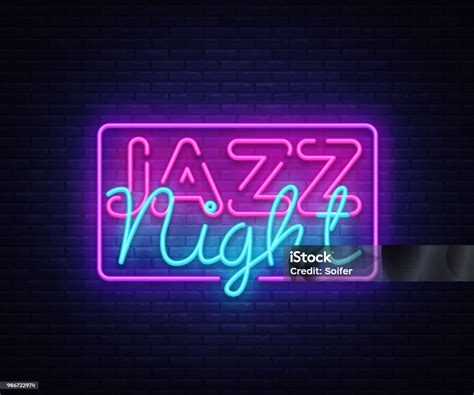 재즈의 밤 네온 사인 벡터 재즈 음악 디자인 서식 파일 네온 사인 라이트 배너 네온 간판 광고 밝은 야간 벡터 일러스트 레이 션 로고에 대한 스톡 벡터 아트 및 기타 이미지