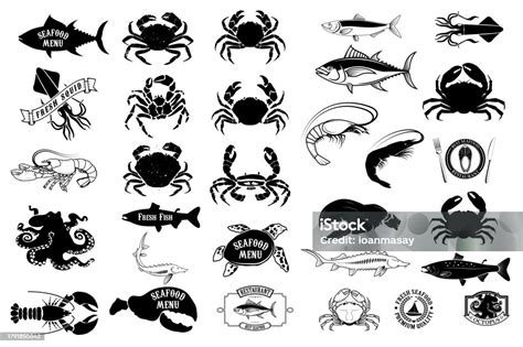Set Label Menu Makanan Laut Elemen Desain Untuk Label Lambang Tanda