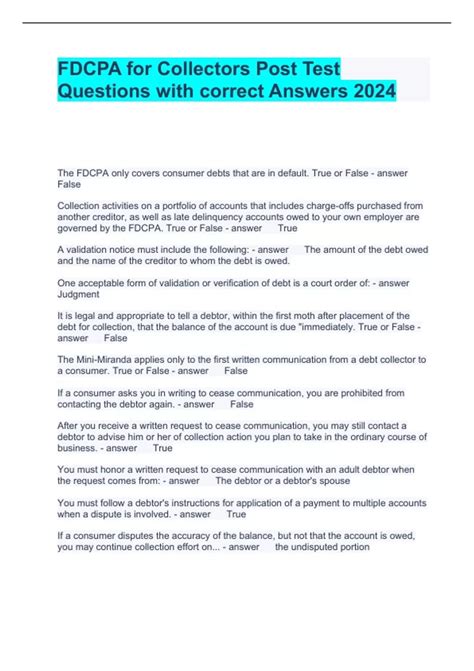 Fdcpa For Collectors Post Test Questions With Correct Answers 2024