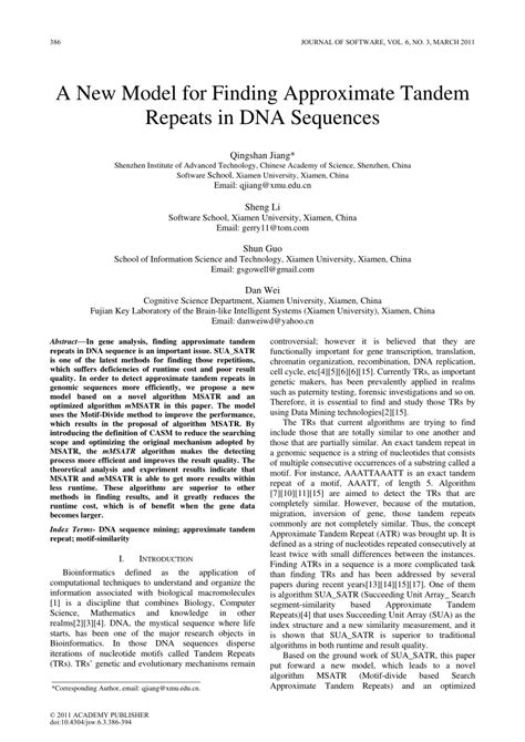 Pdf A New Model For Finding Approximate Tandem Repeats In Dna Sequences