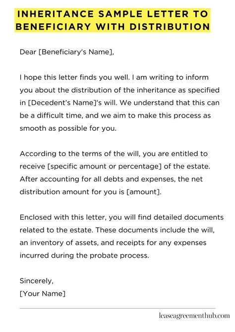 Inheritance Sample Letter To Beneficiary With Distribution