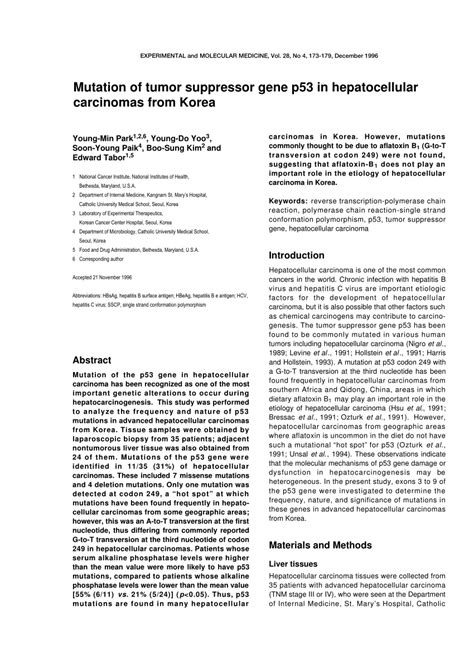 Pdf Mutation Of Tumor Suppressor Gene P53 In Hepatocellular Carcinomas From Korea