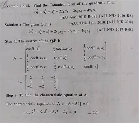Example 1 6 14 Find The Canonical Form Of The Quadratic Form 2 X {1} {2}