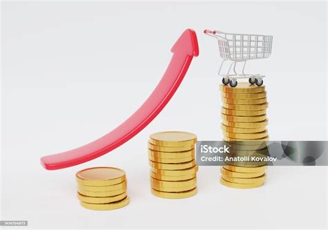 식품 인플레이션 Cpi 소비자 물가 지수 경제 지표 레드 스케일 개념 생활 지표의 상승 그래프 비용에 쇼핑 카트 트롤리를 렌더링합니다 3d 렌더링 상승하는 식품 비용 및